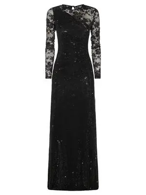 SELF-PORTRAIT Rhinestone Lace Sleeves Maxi Dress - Black