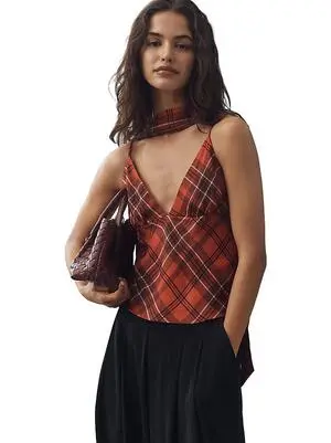 Maeve Printed Scarf-Neck Cami Red Plaid