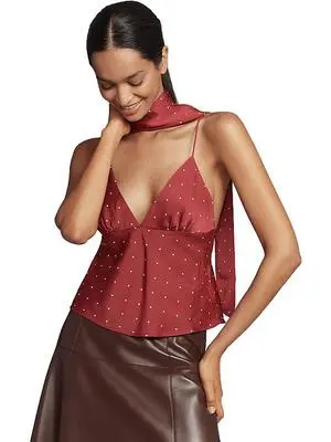 Maeve Printed Scarf-Neck Cami Wine Dot