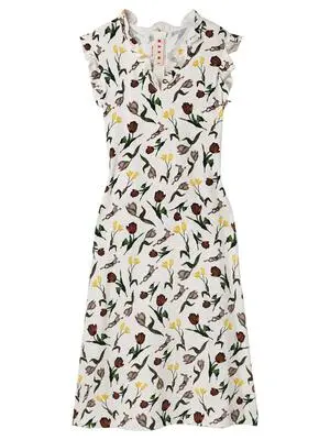 Marni Ruffled Printed Crepe Midi Dress - White