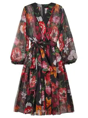 Dolce & Gabbana Belted Ruffled Floral-print Silk-chiffon Midi Dress - Black