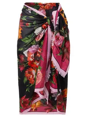 Dolce & Gabbana Floral-print Cotton-voile Pareo With Frayed Trim - Black