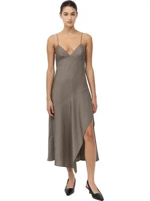 ST AGNI Asymmetric Slip Dress - Khaki Pinstripe