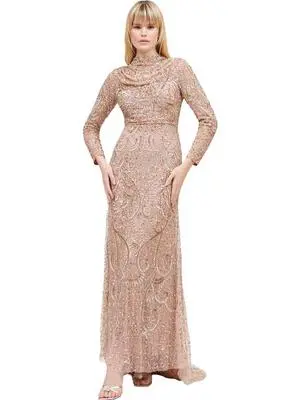 MARYISA Embellished Sequin Beaded Maxi Dress - Taupe Blush