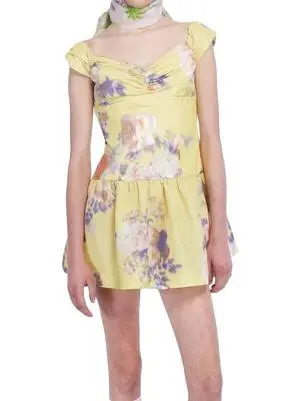Anna Sui Cabbage Rose Taffeta Sweetheart Mini Dress - Lemon Multi