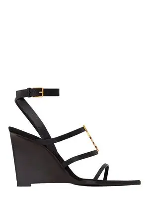 Saint Laurent 90mm Cassandra Strappy Wedge Sandals - Black