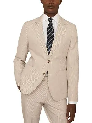 REISS Slim Fit Striped Seersucker Blazer - Oatmeal/white