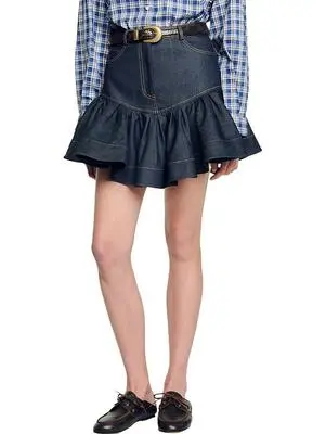 Sandro Ruffled Mini Denim Skirt - Deep Blue