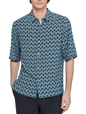 Sandro Printed Short Sleeve Shirt Navy Blue