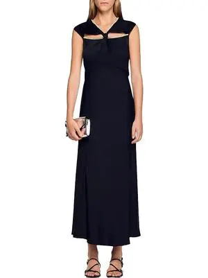 Sandro Rhinestone Trim Satin Maxi Dress - Black