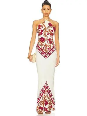 Rococo Sand Bias Halter Maxi Dress - Ivory & Burgundy