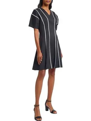 Ming Wang Stripe Flare Dress - Black/ White