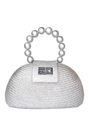 SOLI & SUN Woven Straw Clutch With Wooden Bead Handle - Silver