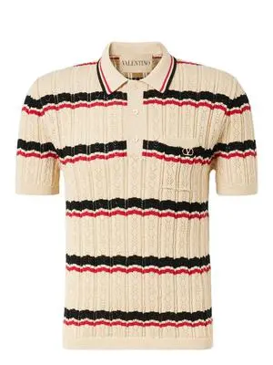 Valentino Garavani Vlogo Pointelle Striped Cotton Polo Shirt - Beige