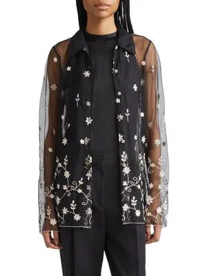 TOTEME Floral Embroidered Tulle Shirt - Black/ White