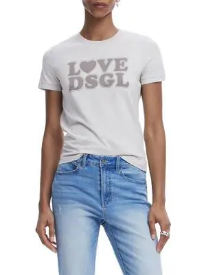Desigual Rhinestone Embellished Graphic T-shirt - Neutral Gray