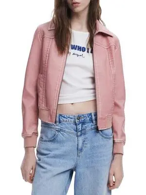 Desigual Faux Leather Biker Jacket Pink