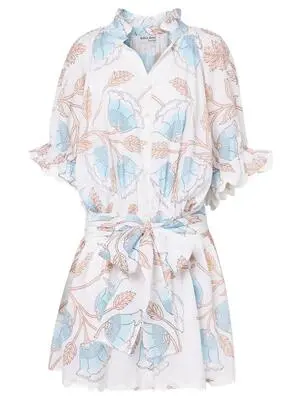 JULIET DUNN Printed Scalloped Cotton Shirt Dress - White