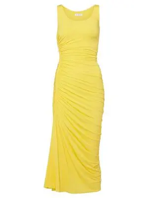 Alaïa Asymmetric Gathered Jersey Midi Dress - Yellow