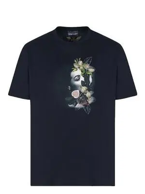 Emporio Armani Asv Jersey T-shirt With Embroidery And Print Of A And Foliage - Black
