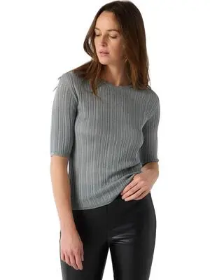 Majestic Filatures Metallic Rib Elbow Sleeve Crewneck - Metal Silver