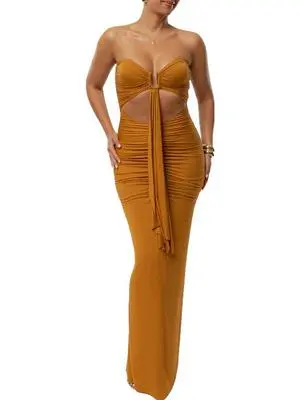 JLUXLABEL Drape Cutout Strapless Body-con Maxi Cocktail Dress - Brown