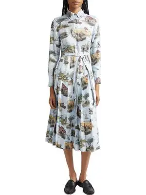 Thom Browne Long Sleeve Pleated Silk Toile Midi Shirtdress - Seasonal Multi