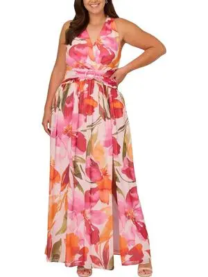 Adrianna Papell Floral Print Sleeveless Chiffon Gown - Pink/ Orange Multi