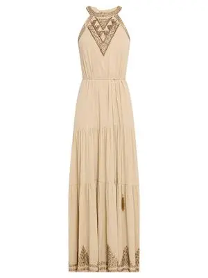 Kobi Halperin Paige Beaded Tiered Halter Maxi Dress - Beige