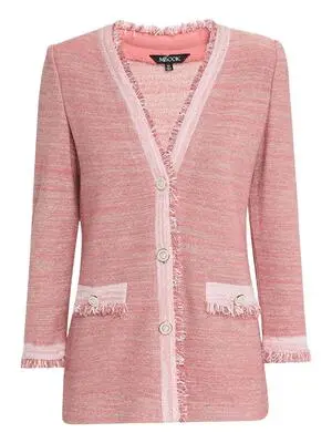 Misook Fringe-trim Mélange Knit Jacket - Pink