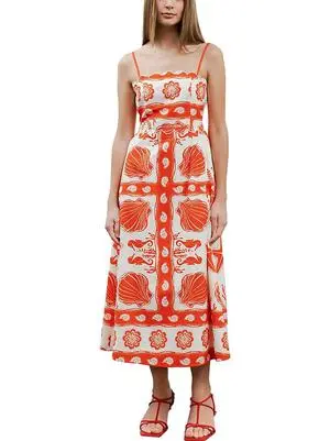 Moon River Printed Scallop Neck Midi Dress - Red Multi