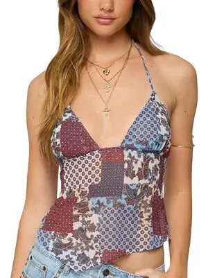 EDIKTED Patchwork Backless Halter Top - Mix