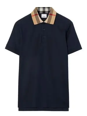 Burberry Check Collar Cotton Polo Shirt Blue