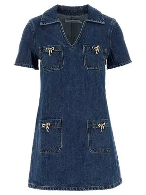 SELF-PORTRAIT Cotton Mini Dress With Bows - Denim