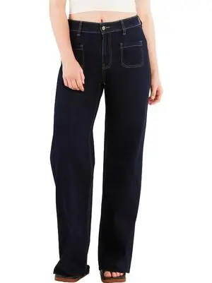 HINT OF BLU Patch Pocket Wide Leg Jeans With Raw Hem - Dark Indigo