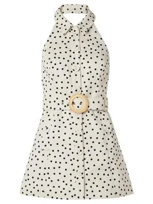 Cara Cara Parker Belted Polka-dot Denim Halterneck Mini Dress - White