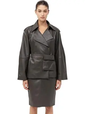 ST AGNI Cropped Leather Trench - Khaki