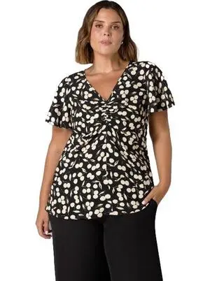 LIVE UNLIMITED Ruched Flutter Sleeve Top - Cherry Print