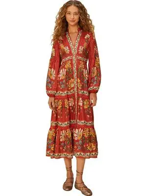 Farm Rio Garden Delight Long Sleeve Midi Dress - Garden Delight Red