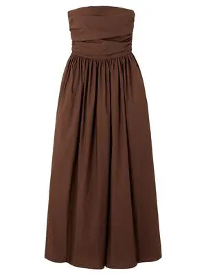 Matteau Strapless Gathered Organic Cotton-poplin Midi Dress - Brown