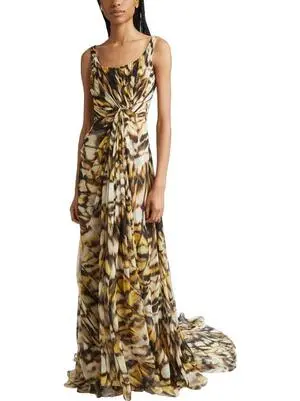 Oscar De La Renta Butterfly Print Silk Chiffon Gown - Black Multi