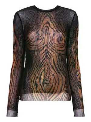 Jean Paul Gaultier Wood-print Mesh Top - Black