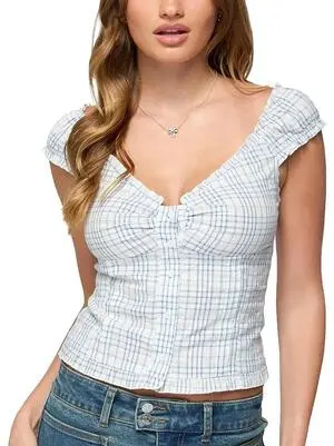 EDIKTED Plaid Button-Up Top Blue