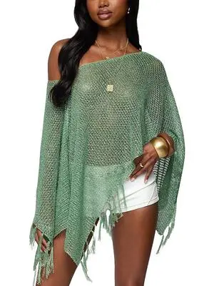 EDIKTED Sequin Fringe Knit Poncho - Green
