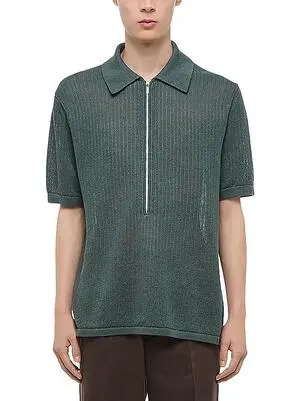 Helmut Lang Regular Fit Half Zip Linen Polo Sweater - Blue Green