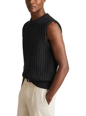 REISS Sleeveless Crochet Vest - Navy