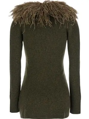 Blumarine Wool Cardigan With Removable Feather Collar - Green