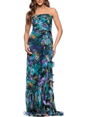 XSCAPE EVENINGS Pleated Ruffle Strapless Mermaid Gown - Teal/ Multi