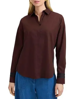 Foxcroft Brooke Grosgrain Trim Cotton Button-up Shirt - Chicory Coffee