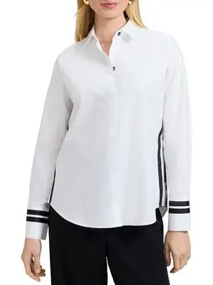 Foxcroft Brooke Grosgrain Trim Cotton Button-up Shirt - White